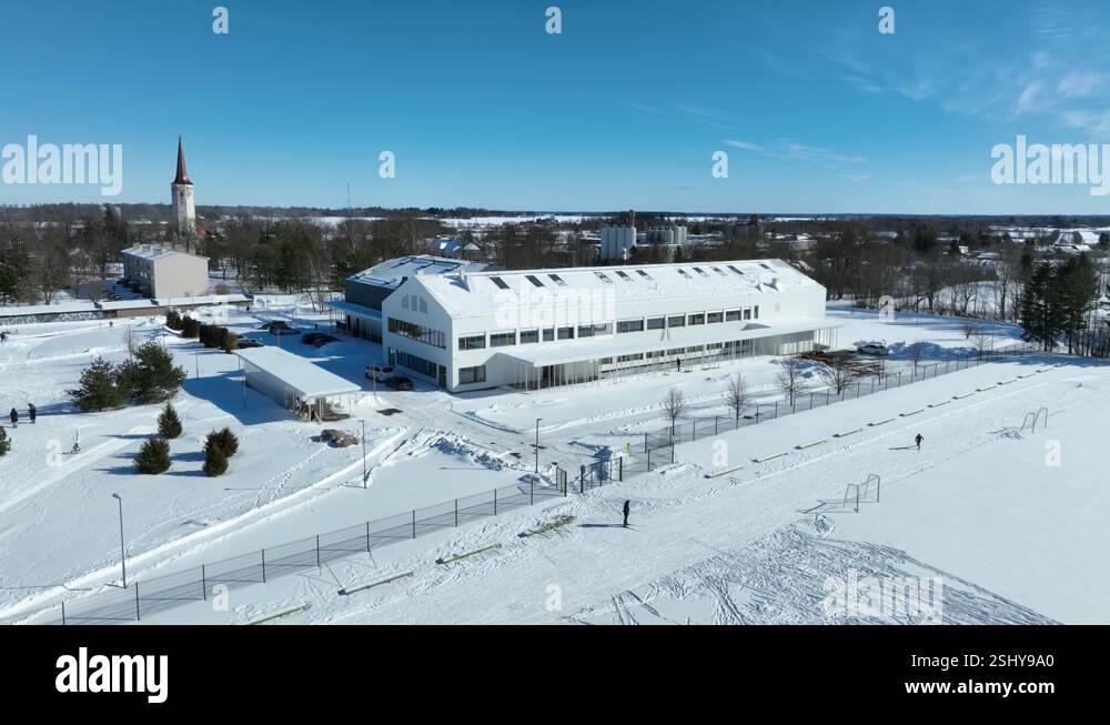 Drone view of the new Haljala school building and the stadium where one ...