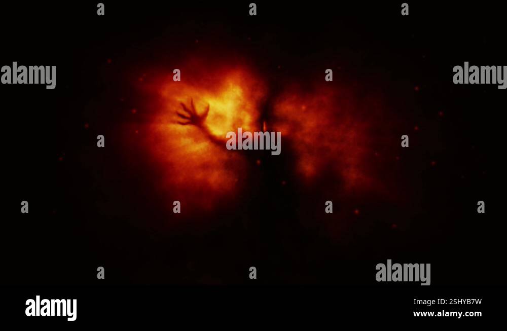 Scary demonic ghost in darkness. 2D animation. Burning monster in haze ...