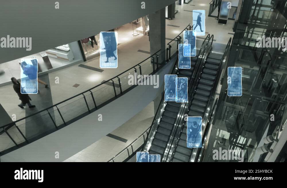 CCTV with facial recognition identifies people in a crowd. Scanning ...