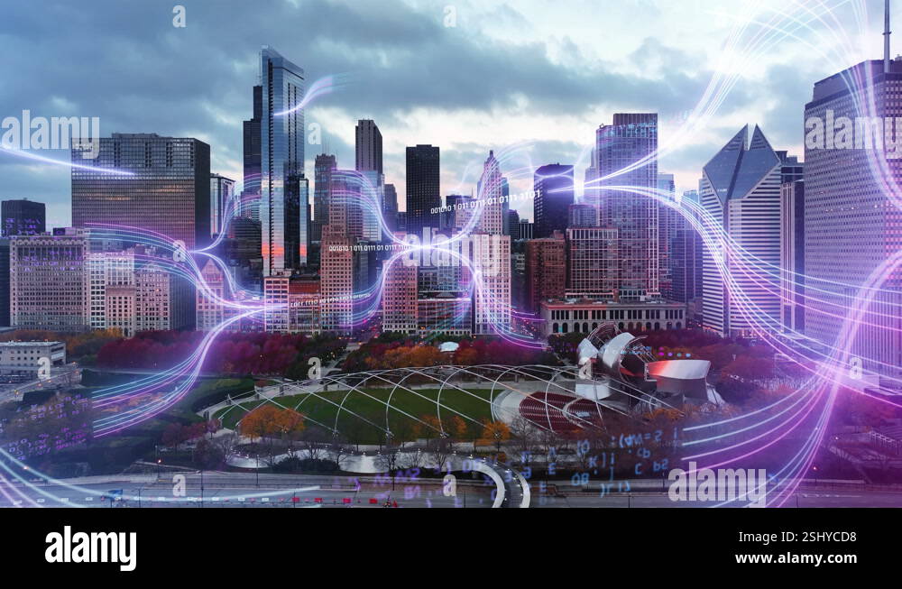 Wireless Network data spreading over modern city skyline - VFX Overlay ...