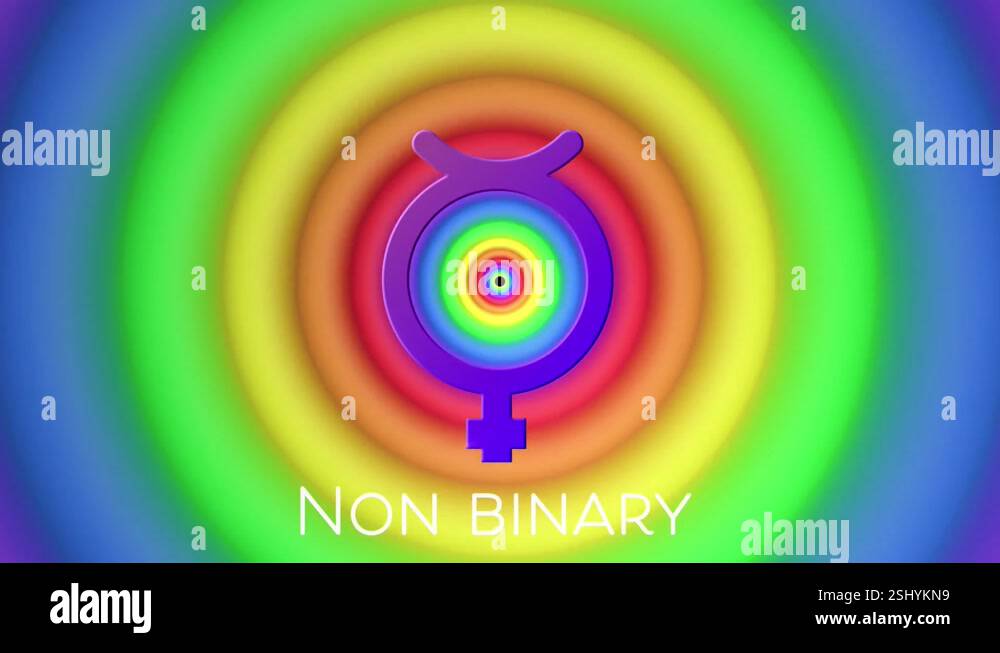 Animation of non binary text and symbol over rainbow circles and ...