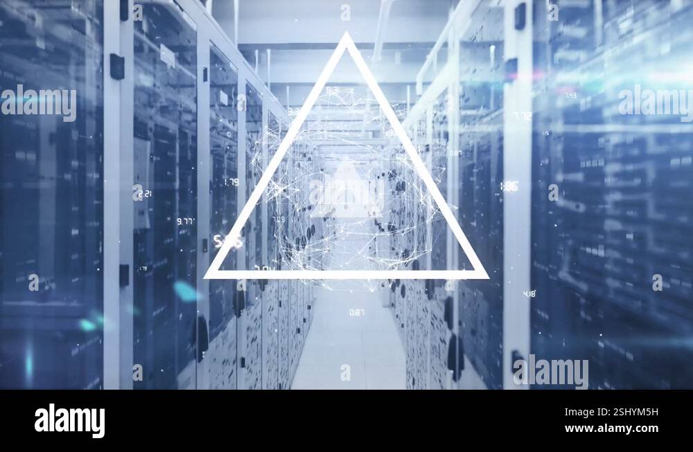 Animation of triangles, globe with connections and data processing over ...