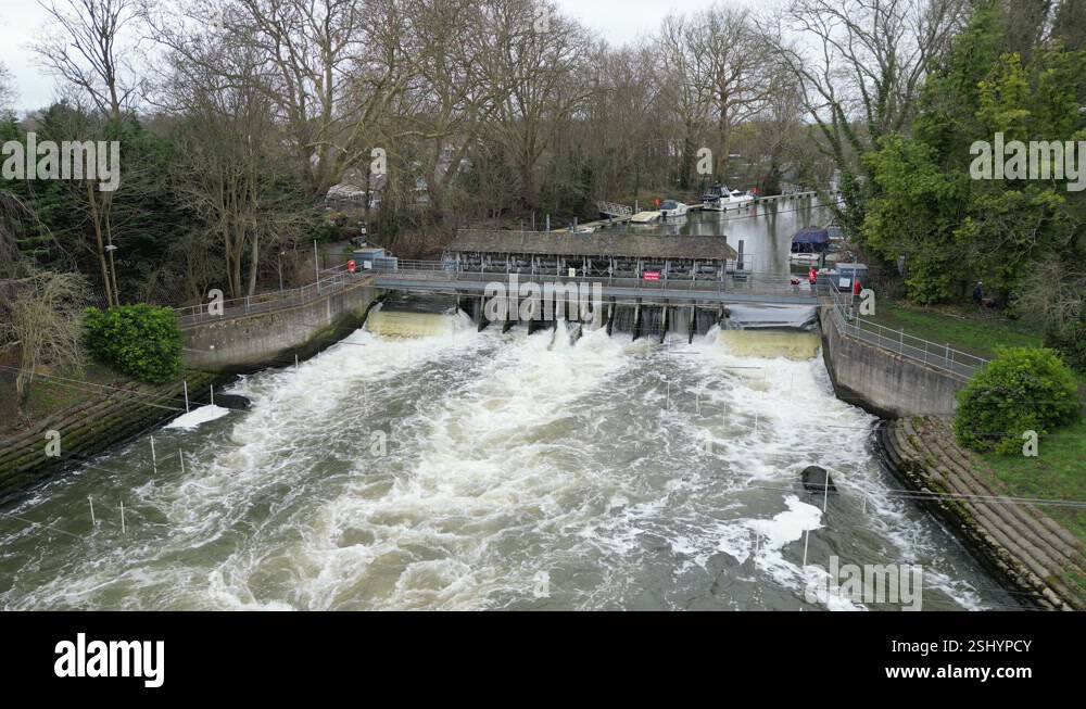 Shepperton Weir river Thames Surrey UK close up drone aerial view Stock ...