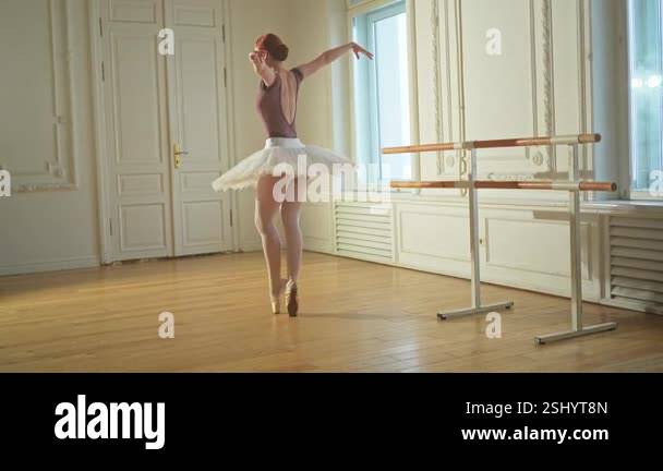 Young ballerina in tutu skirt dancing practicing ballet positions in ...