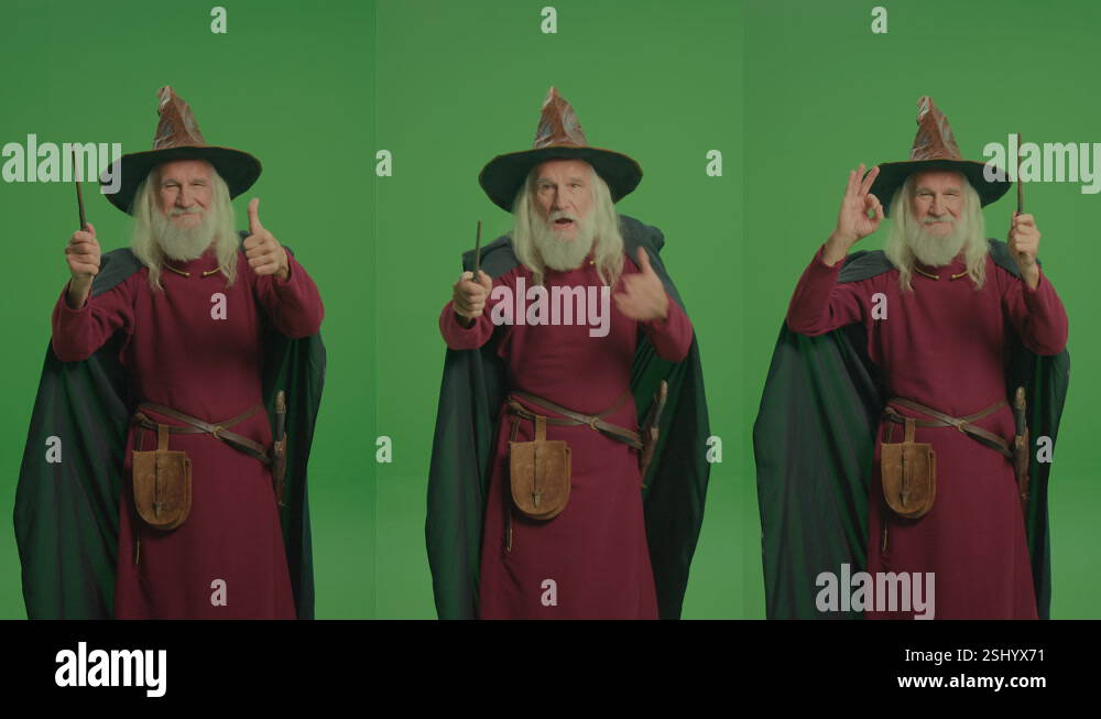 3-in-1 Split Green Screen Montage.An Old Wizard Makes Wishes With a ...