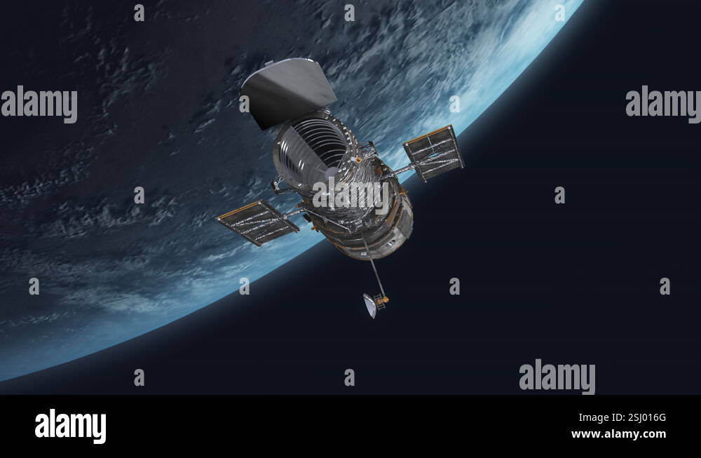 Hubble Space Telescope with Sun Rising Over Planet Earth Atmosphere ...