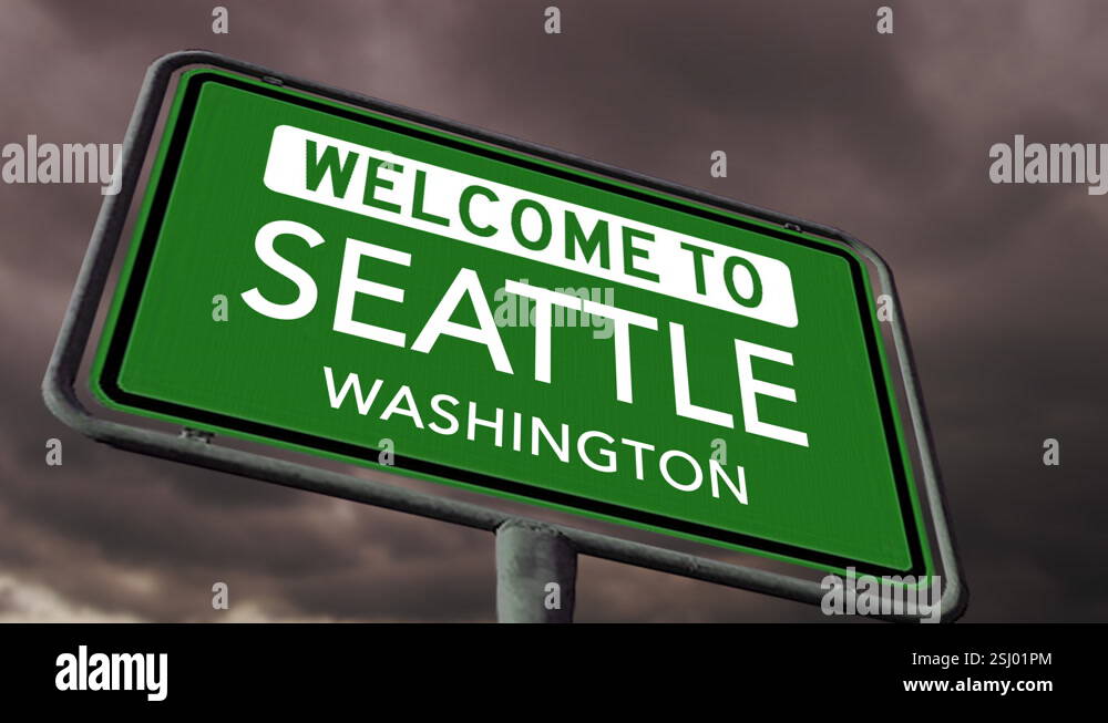 Welcome to Seattle Washington, US City Road Sign With Dark Clouds and ...