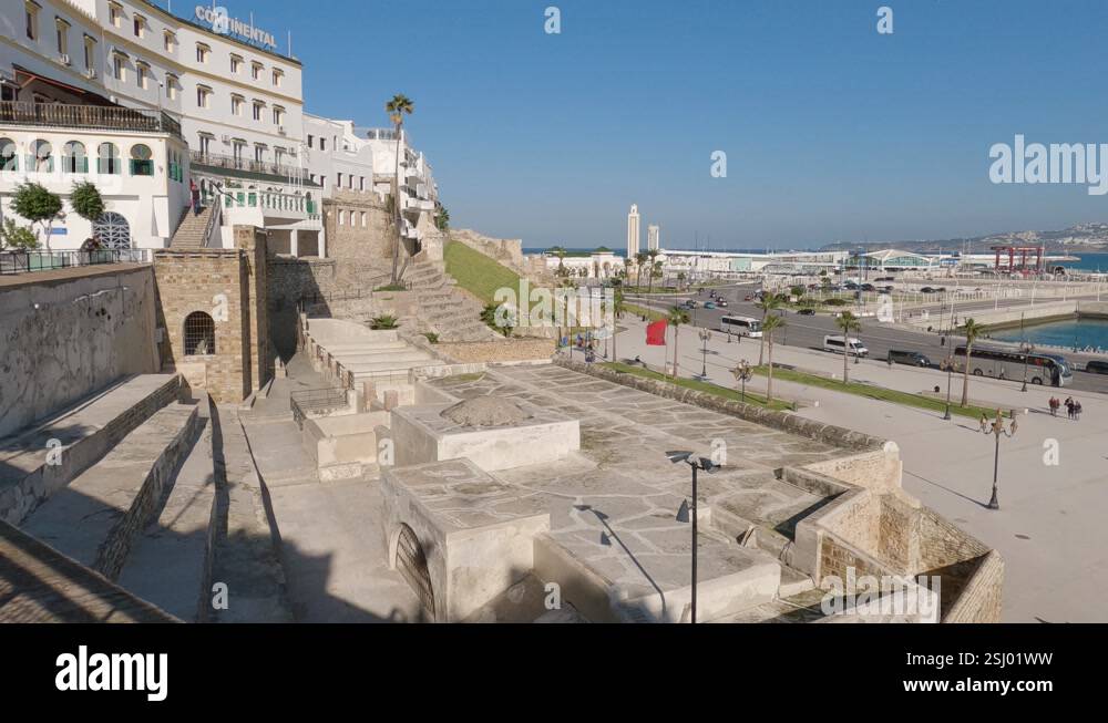 Tangier Port area view from Tangier City walls, Old town fortification ...