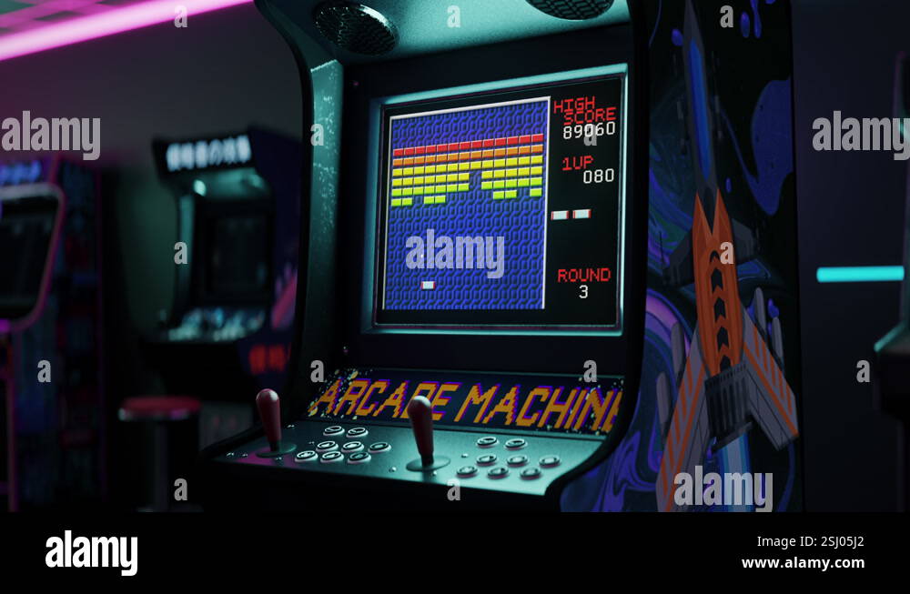 Enjoying the classic block breaker game on an old-school arcade cabinet ...