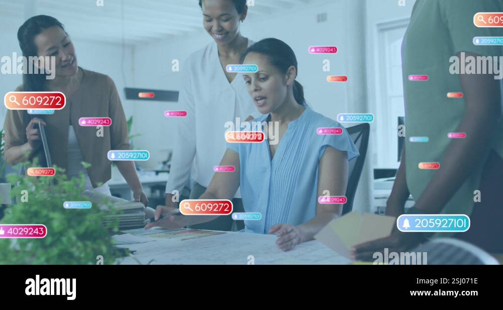 Animation of numbers in bars over diverse female coworkers sharing ...