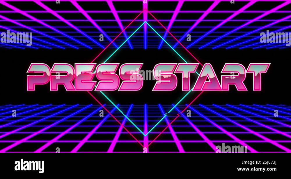 Animation of press start text over rhombuses and grid pattern against ...