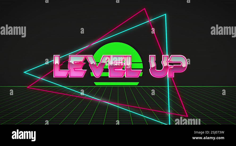 Animation of level up text over triangles and grid pattern against sun ...