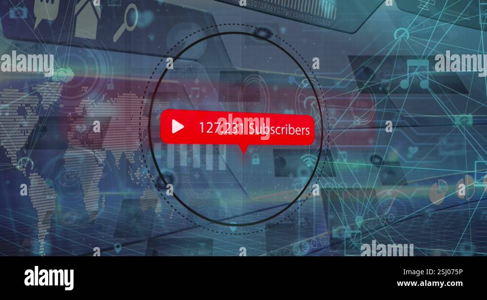 Animation of notification label, connected icons forming globes, graphs ...