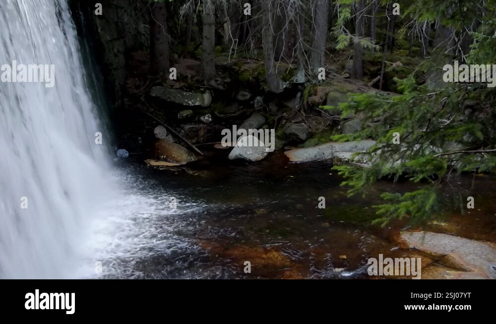 Natural mountain waterfall in the forest in slow motion, zoom in, hd ...