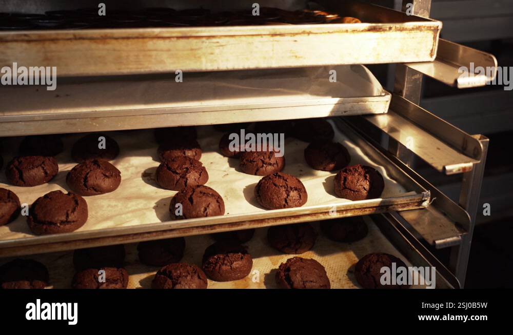 Cakes on automatic conveyor belt or line, process of baking in ...