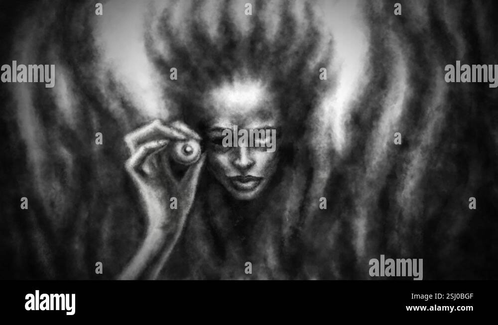 Evil witch demon holds her eye in hand 2D animation. Halloween dark ...