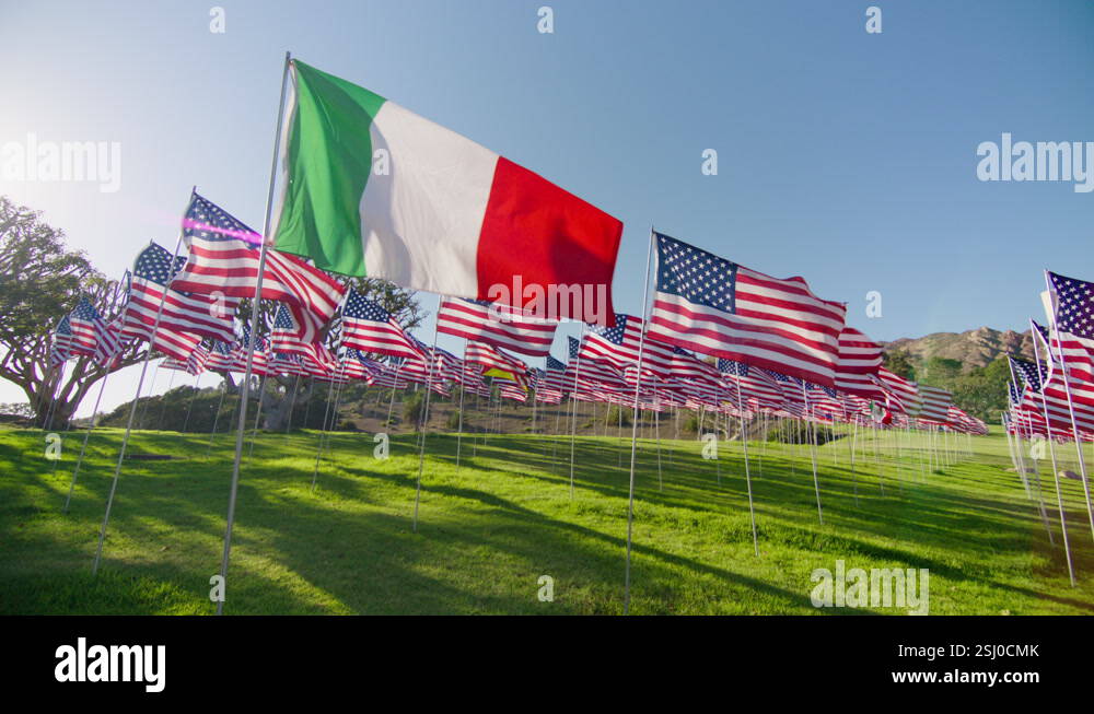 FranceFlag of ITALY waving in wind, many American flags on sunset ...