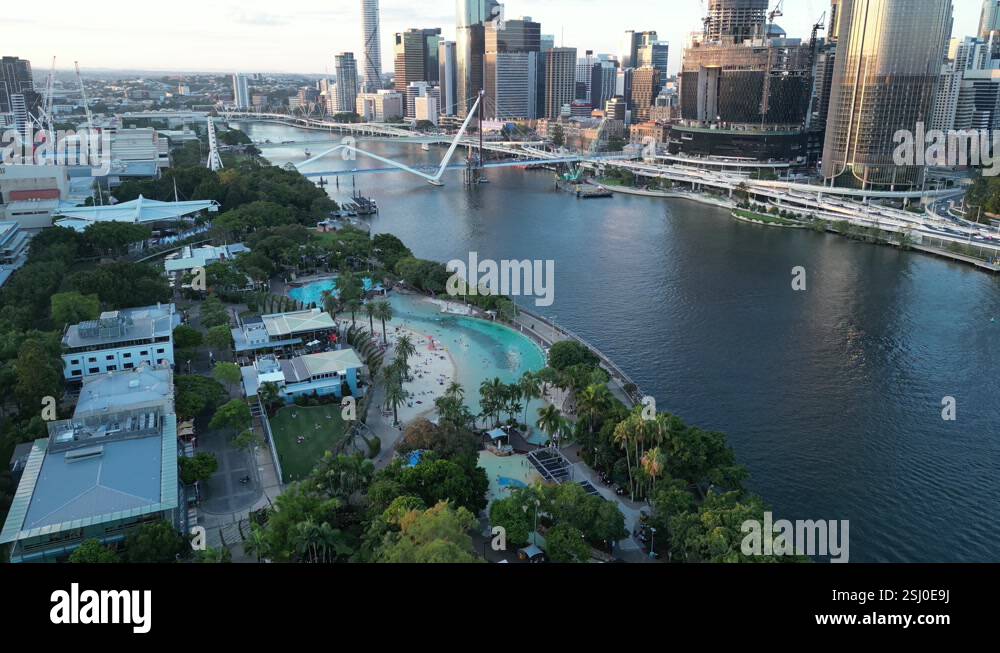 Drone shot of Brisbane City's South Bank Beach and Parklands. Camera ...