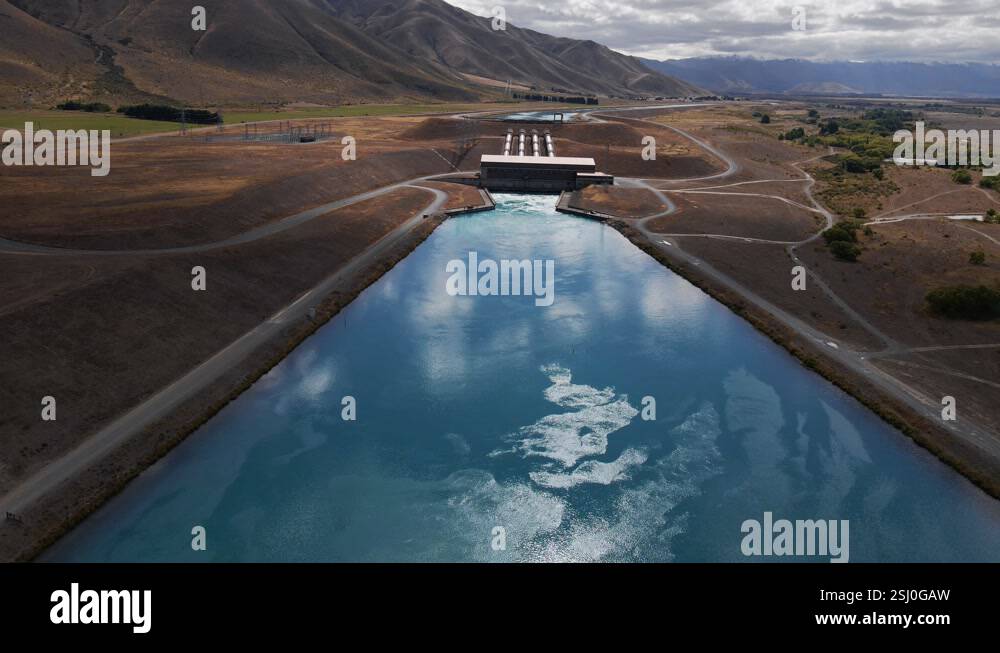 Flight over hydro canals at Ohau C power station, used for ...