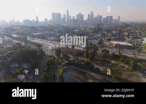 This aerial view of Downtown Los Angeles showcases the iconic skyline ...