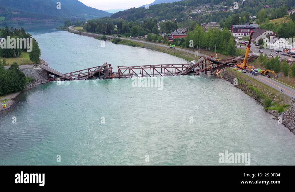 Collapsed Glulam Bridge in Tretten, Norway. Broken Wooden Construction ...