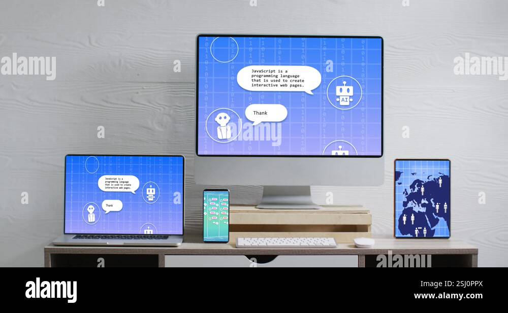 Office desk with technology devices with digital chat and world map on ...
