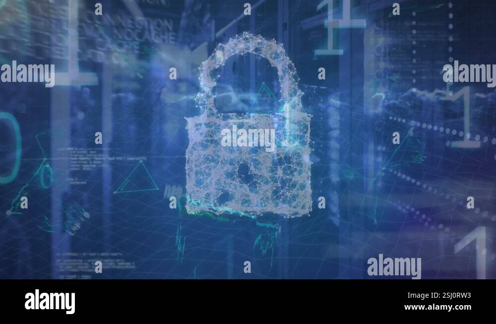 Animation of security padlock icon and binary coding over dark clouds ...