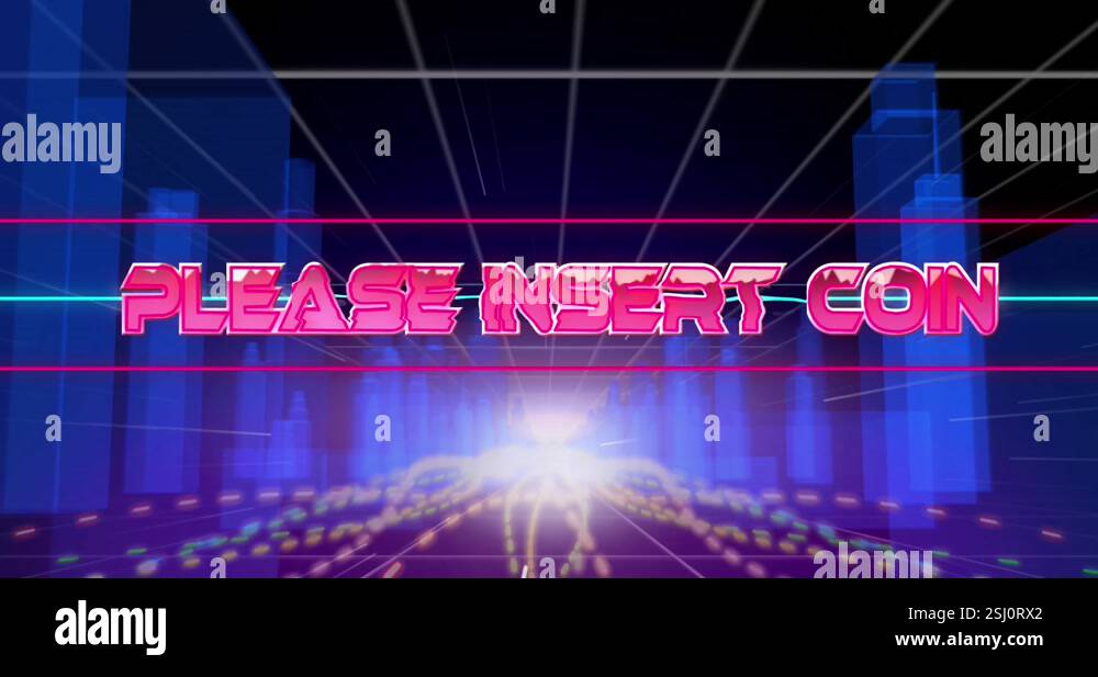 Animation of please insert coin text over light trails and digital city ...