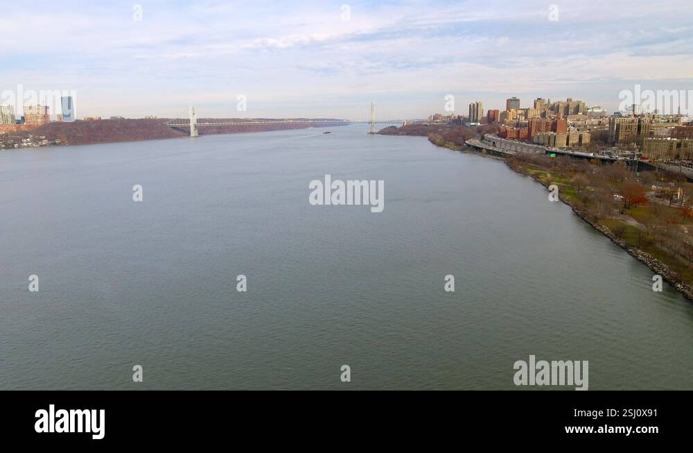 Aerial Shot Of George Washington Bridge, Drone Flying Backward Over ...