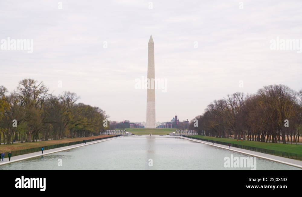 Slow Motion Lockdown Shot Of Obelisk Shaped Building By Water In Park ...