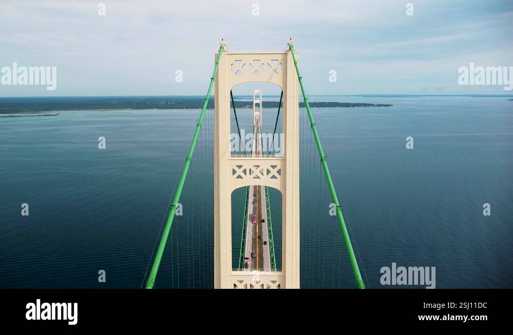 Aerial fly to Mackinac Bridge South Tower, Michigan Stock Video Footage ...