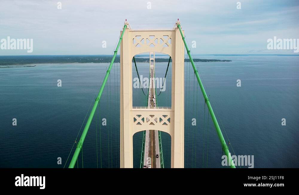 Aerial descent of Mackinac Bridge South Tower, Michigan Stock Video ...