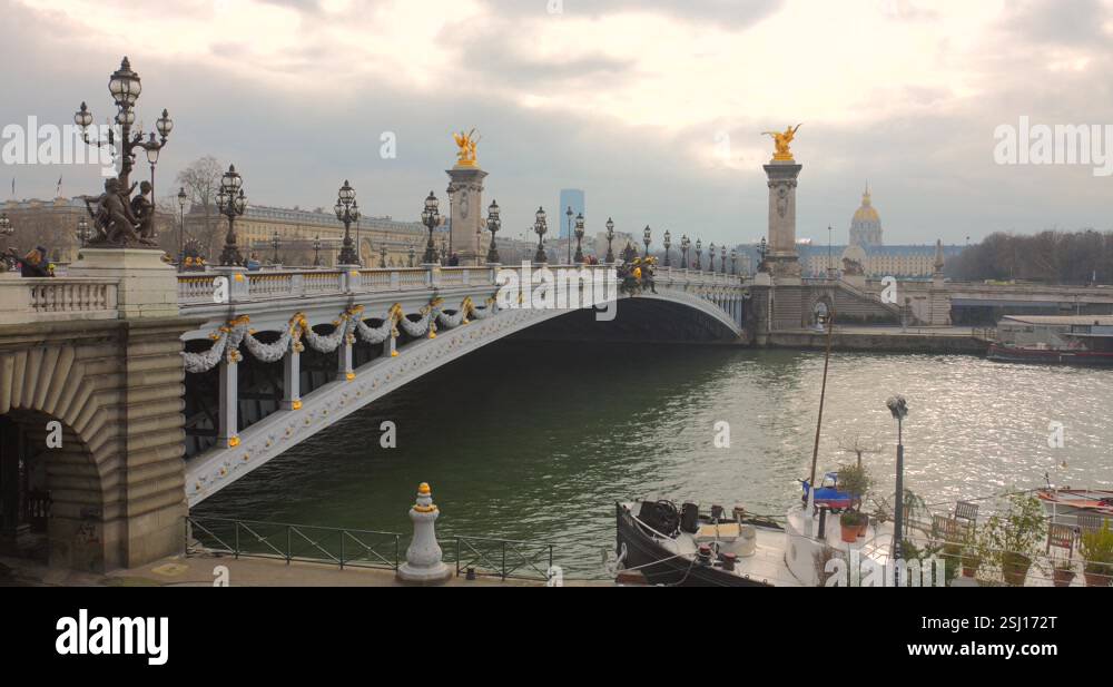 Famous Pont Alexandre III Deck Arch Bridge Over The Seine River With ...