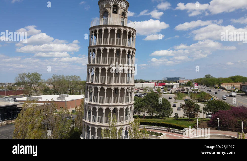 orbiting aerial of a replica tower of the leaning tower of Pisa in ...