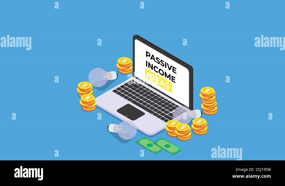 Passive income ideas. Computer surrounded with money and idea bulbs ...