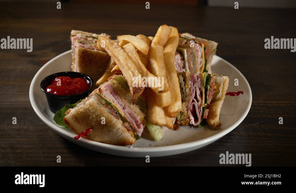 Traditional American clubhouse sandwich with french fries, slider 4K ...
