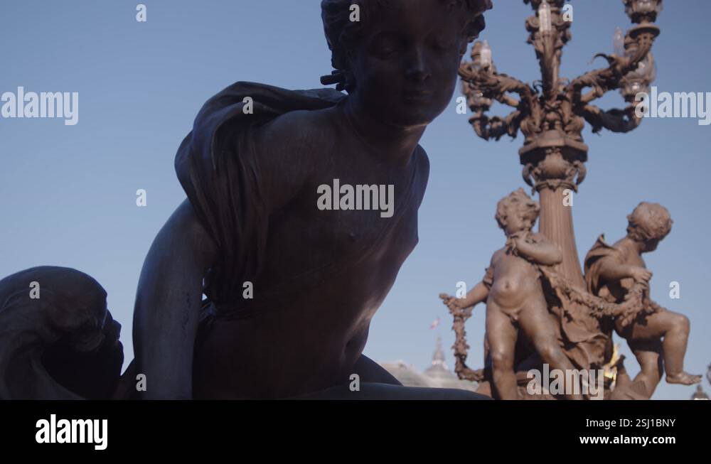 Alexandre III Bridge Close Up of Child Statue, Slow Tilt Down, Sunny ...