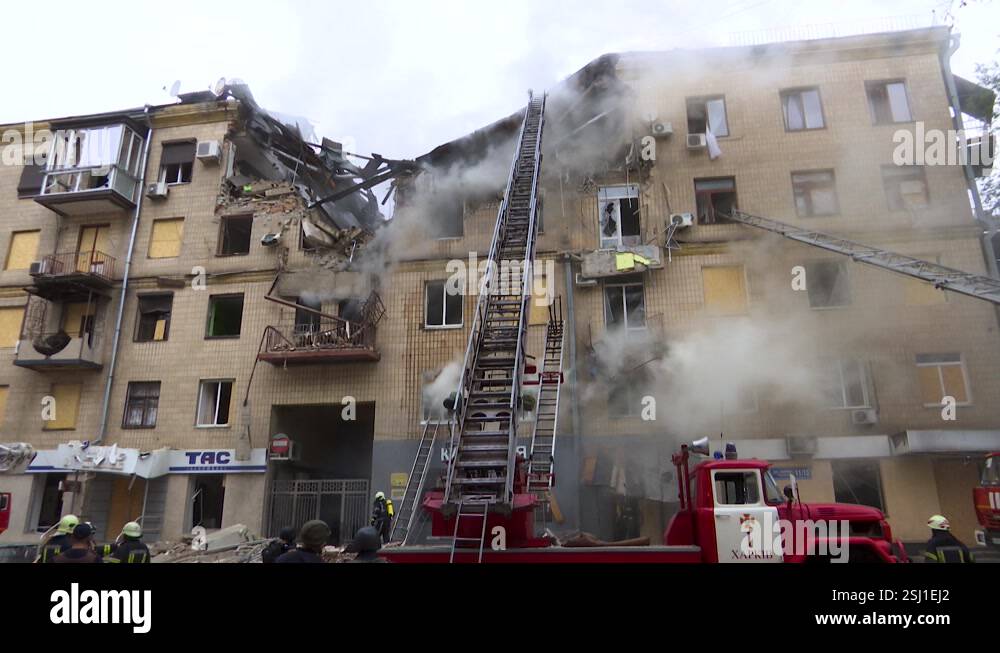 Destroyed by a Hit by a Russian missile, a residential multi-storey ...