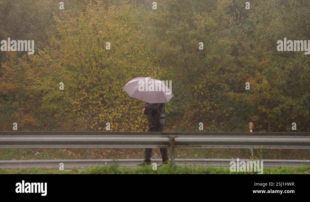 A Person Is Walking Along The Highway With Umbrella On A Rainy Day ...