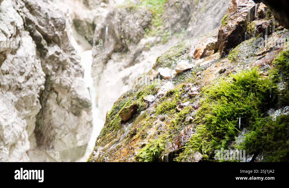 Water finds its way down a green cliff into a gorge after rainfall ...