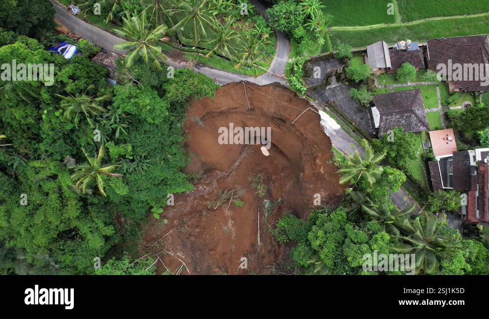 From top-down view camera fly and roll, general panorama of landslide ...