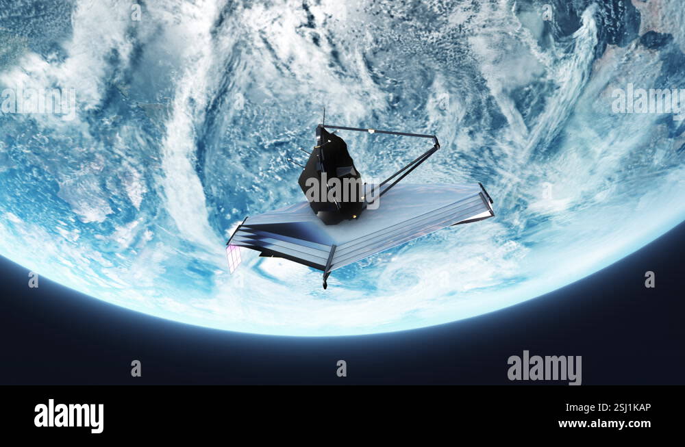 James Webb Space Telescope JWST Rotating above Planet Earth Atmosphere ...