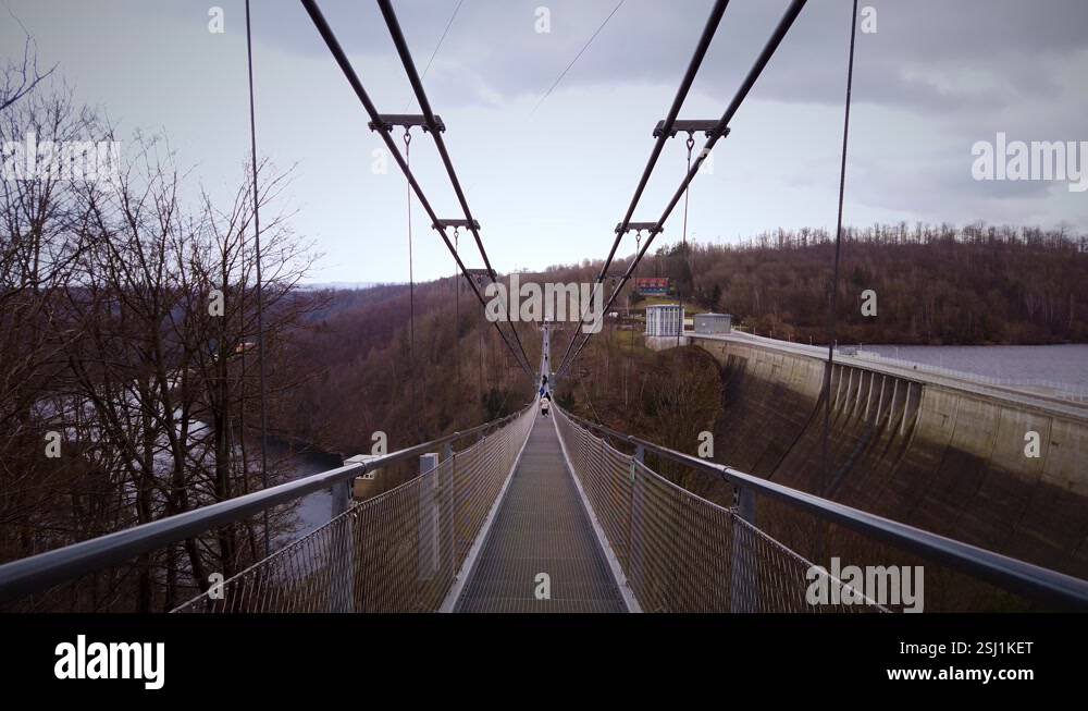 Walking on longest Suspension Bridge in Germany next to huge Water Dam ...