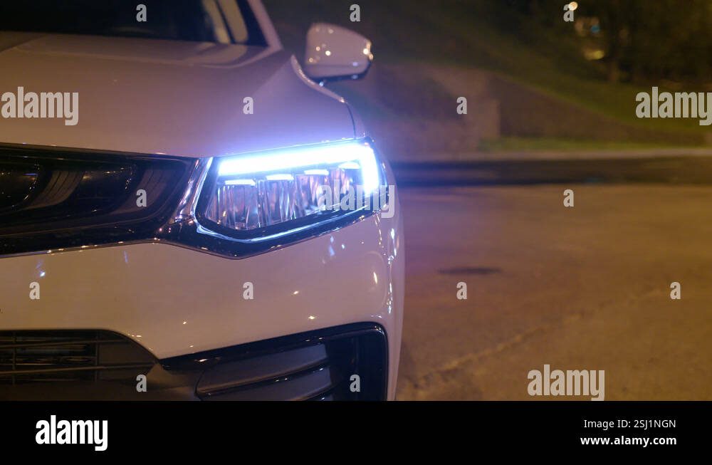 Close up view of headlight of car. modern diode front light of car ...