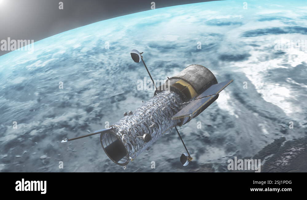 Hubble Space Telescope Rising Above Planet Earth with Sun Flare - 3D ...