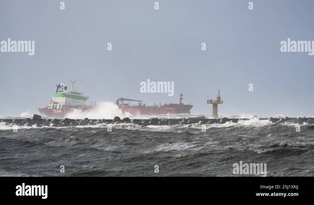 Large Red Ship Navigating Rough Sea and Gale Force Storm Winds, Low ...