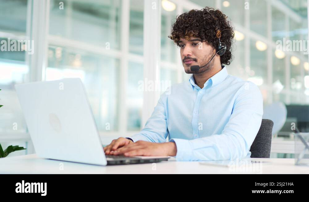 Сorporate operator who works in the support service speaks on a video ...