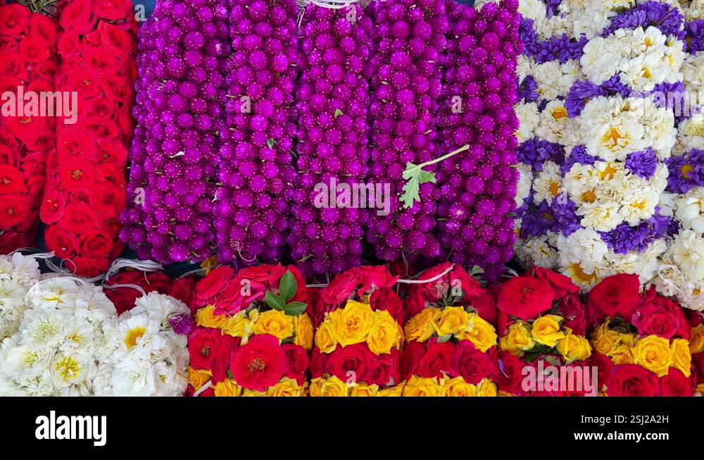 An array of colorfully flowers made into beautiful garlands and put up ...