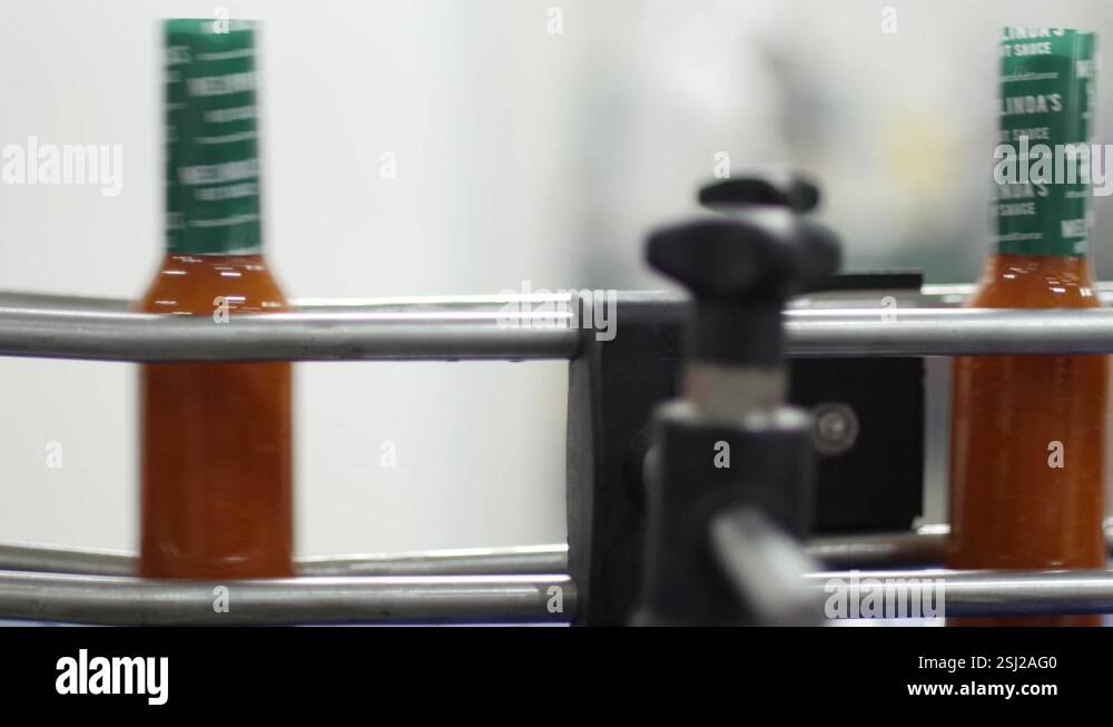 Hot sauce bottles being labelled in a factory production line-Chilli ...