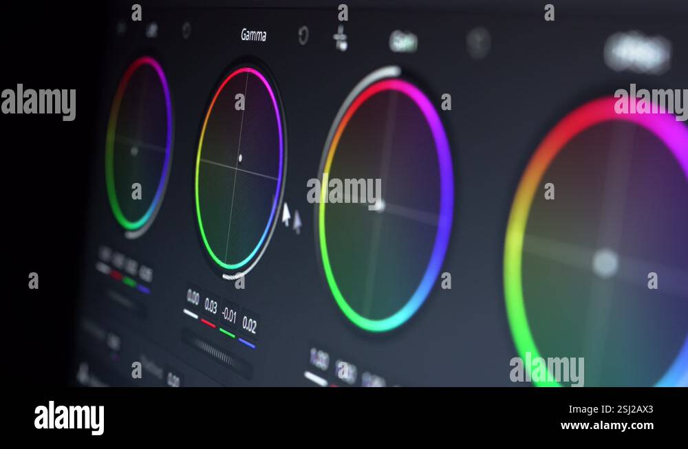 Video editing. Color grading process. Adjusting the color wheels ...